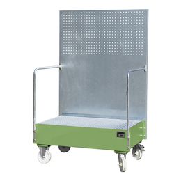eurokraft pro Fahrbare Auffangwanne mit Lochplattenwand, 2 x 200-l-Fass stehend nebeneinander, LxBxH 870 x 1290 x 2015 mm, resedagr&uuml;n