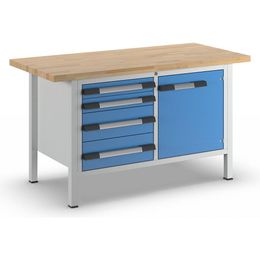 eurokraft pro Werkbank, Gestellbauweise Serie 8000, 4 Schubladen: 2 x 90, 2 x 180 mm, 1 T&uuml;r 540 mm, BxT 1500 x 700 mm