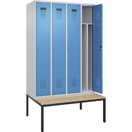 Schwarz-Wei&szlig;-Spind Evolo PLUS Sitzbank, schmal, 4 Abteile, verk&uuml;rzte Trennwand mittig, lichtgrau / lichtblau, B 1200 mm, Zylinderschloss, mit untergebauter Sitzbank, Buche kaiserkraft