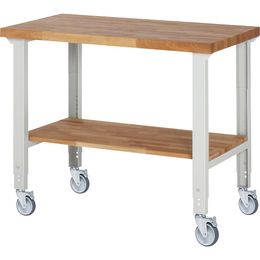 eurokraft pro Fahrbare Werkbank Serie 7000, 4 Lenkrollen, Ablageboden, Platten-BxT 1250 x 700 mm
