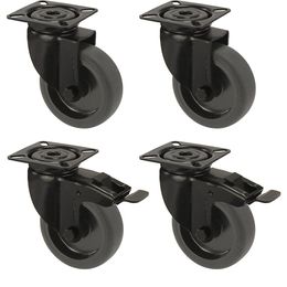 Proroll Gummireifen schwarz, thermoplastisch, mit Montageplatte, Set-Angebot, 2 Lenkrollen mit Doppelstopp und 2 Lenkrollen, Rad-&Oslash; x Breite 75 x 23 mm