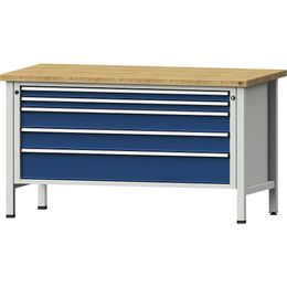 ANKE Werkbank mit XL/XXL-Schubladen, Gestellbauweise, Breite 1500 mm, 5 Schubladen, Buchemassivplatte, Front enzianblau