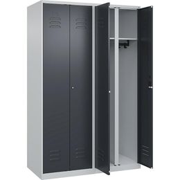C+P Schwarz-Wei&szlig;-Spind Classic PLUS, Trennwand mittig, 2 Abteile, lichtgrau / grau, HxB 1850 x 1200 mm, mit Bodengleitern, Zylinderschloss