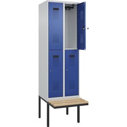 Doppelstock-Spind Evolo PLUS Sitzbank, 2 Abteile, lichtgrau / enzianblau, B 600 mm, Zylinderschloss, mit auskragender Sitzbank, Buche kaiserkraft