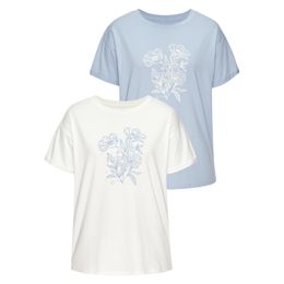 T-Shirt Vivance "mit Frontdruck", Damen, Gr. 32/34, creme, himmelblau, Single Jersey, Obermaterial: 100% Baumwolle, bedruckt, figurumspielend normal, Rundhals, Shirts T-Shirt, aus hochwertiger Bio-Baumwolle