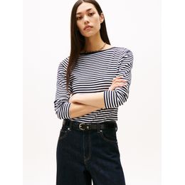 Langarmshirt Tommy Hilfiger "SLIM 5X2 RIB BOAT-NK LS mit U-Boot Ausschnitt und Rippstruktur", Damen, Gr. XL (42), schwarz night navy, ecru stp, Single Jersey, Obermaterial: 95% Viskose, 5% Elasthan, gestreift, figurbetont normal, U-Boot-Ausschnitt, Shirts Langarmshirt, unifarben, casual, slim fit, Viskosemix, U-Boot-Ausschnitt