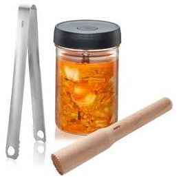 Fermentationsglas Gefu "NATIVO", schwarz (schwarz, transparent, silberfarben), H:17,5cm, Lebensmittelaufbewahrungsbeh&auml;lter, 1L Fermentationsglas mit Deckel, Beschwerungsgewicht, St&ouml;&szlig;el und Zange
