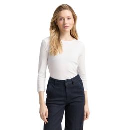 3/4-Arm-Shirt Tom Tailor, Damen, Gr. M, whisper wei&szlig;, Web, Obermaterial: 97% Baumwolle, 3% Elasthan, unifarben, slim fit normal, Rundhals, gerader Abschluss, Shirts 3/4-Arm-Shirt, mit Logo Schriftzug