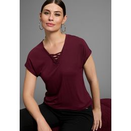 T-Shirt Bruno Banani, Damen, Gr. 36/38, rot (bordeaux), Jersey, Obermaterial: 95% Viskose, 5% Elasthan, unifarben, figurumspielend h&uuml;ftbedeckend, tiefer V-Ausschnitt, Shirts T-Shirt, mit Schn&uuml;rung im Ausschnitt