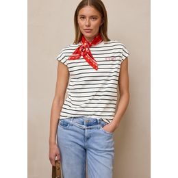 Rundhalsshirt STREET ONE STUDIO, Damen, Gr. 38, sanftes wei&szlig;, Web, 100% Baumwolle, gestreift, normal normal, Rundhals, abgesteppt, Shirts Rundhalsshirt, aus reiner Baumwolle