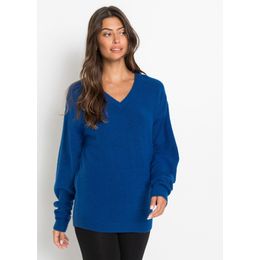 Strickpullover bonprix "Oversize-Strick-Pullover", Damen, Gr. 48/50 (XL), blau (arktikblau meliert), Strick, Obermaterial: 75% Polyacryl, 22% Polyester, 3% Elasthan, unifarben, oversize h&uuml;ftbedeckend, V-Ausschnitt, Strickb&uuml;ndchen, Pullover Strickpullover, aus weichem Material, mit V-Ausschnitt, Oversized-Passform