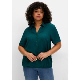 Longbluse sheego, Damen, Gr. 44, blau (petrol), 89% Viskose, 11% Polyamid, unifarben, V-Ausschnitt, Blusen Longbluse
