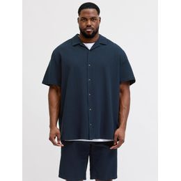 Jack & Jones PlusSize Kurzarmhemd "JJGLOBAL WAFFLE RESORT SHIRT SS PLS", Herren, Gr. 4XL, N-Gr, navy blazer, Web, Obermaterial: 100% Baumwolle, JACK & JONES PLUSSIZE, unifarben, regular fit normal, gerader Abschluss, Hemden, mit Knopfleiste