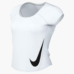 Lauftop Nike "W NK TEMPO SWOOSH RUN DF SS", Damen, Gr. L, wei&szlig; (wei&szlig;, photon), Obermaterial: 100% Polyester, normal, Rundhals, Tops, sportlicher Stil, Rundhalsausschnitt, schmale Passform