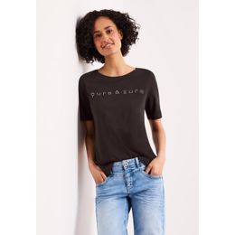 Kurzarmshirt Street One, Damen, Gr. 36, espresso braun, Jersey, Obermaterial: 50% Baumwolle, 50% Modal, bestickt, unifarben, normal h&uuml;ftbedeckend, Rundhals, Shirts, Sommershirt mit Rundhals und Schmucksteinen
