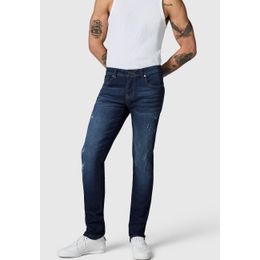Slim-fit-Jeans PEAK TIME "M&uuml;nchen", Herren, Gr. 31, L&auml;nge 32, blau (dunkelblau), Denim/Jeans, 87% Baumwolle, 11% Polyester, 2% Elasthan, Abriebeffekte, Destroyed-Effekte, Basic, slim fit lang, Jeans Slim-fit-Jeans, Herren Jeans mit Destroyed-Optik