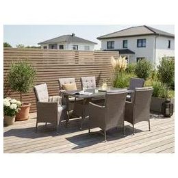 Garten-Essgruppe Konifera "Mailand", grau (grau, braun), Polyrattan, Sitzm&ouml;bel-Sets, Tischplatte aus Sicherheitsglas, Staufl&auml;che unter dem Tisch, Topseller