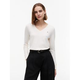 Strickpullover Tommy Hilfiger "STITCH V-NECK", Damen, Gr. L (42/44), ivory petal, Feinstrick, Obermaterial: 67% Baumwolle, 33% Polyamid, unifarben, Basic, regular fit normal, V-Ausschnitt, eingesetzt Rippstrickb&uuml;ndchen mit Kn&ouml;pfen, Pullover Strickpullover, mit Knopfdetail am &Auml;rmel, Regular Fit