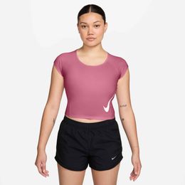 Lauftop Nike "W NK TEMPO SWOOSH RUN DF SS", Damen, Gr. L, rosa (peony, photon), Obermaterial: 100% Polyester, normal, Rundhals, Tops, sportlicher Stil, Rundhalsausschnitt, schmale Passform