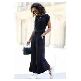 Culotte-Overall Lascana, Damen, Gr. 38, N-Gr, schwarz, Jersey, Obermaterial: 95% Viskose, 5% Elasthan, unifarben, figurumspielend 7/8-L&auml;nge, Rundhals, Overalls, mit Knotendetail in der Taille, femininer Jumpsuit, festlich, Topseller