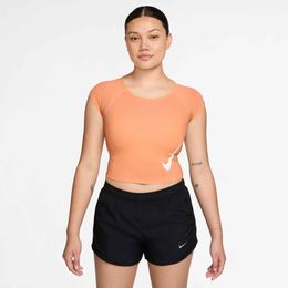 Lauftop Nike "W NK TEMPO SWOOSH RUN DF SS", Damen, Gr. XS, orange (orange pulse), Obermaterial: 100% Polyester, normal, Rundhals, Tops, sportlicher Stil, Rundhalsausschnitt, schmale Passform