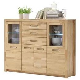 Highboard MCA LIVING "Fenja Schrank, Hochschrank, Hochkommode, Breite 163 cm", kernbuchefarben, B:163cm H:122cm T:40cm, Glas, Massivholz, Sideboards, Highboard, Massivholz, 3 Schubk&auml;sten, 4 T&uuml;ren, Made in Europe
