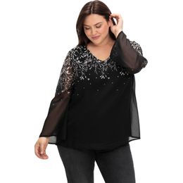 sheego Damen Chiffonbluse mit grafischem Print schwarz-wei&szlig; gemustert Gr&ouml;&szlig;e 46