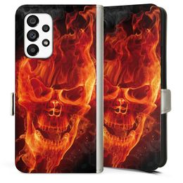 DeinDesign Galaxy A53 5G Handy Klapph&uuml;lle Handyh&uuml;lle aus Kunst Leder wei&szlig; Flip Case Fire Skull Totenkopf Sideflip mit Lasche
