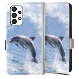 DeinDesign Galaxy A53 5G Handy Klapph&uuml;lle Handyh&uuml;lle aus Kunst Leder wei&szlig; Flip Case Dolphin Wale Ocean Sideflip mit Lasche