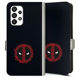 DeinDesign Galaxy A53 5G Handy Klapph&uuml;lle Handyh&uuml;lle aus Kunst Leder wei&szlig; Flip Case Deadpool Marvel Logo Sideflip mit Lasche