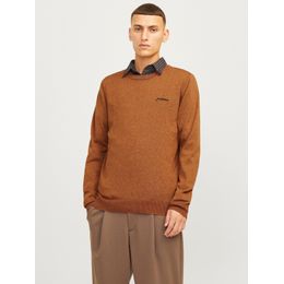 Jack & Jones Rundhalspullover JACK & JONES "JJBRAD KNIT CREW NECK AW24", Herren, Gr. S, braun (mocha bisque detail:melange), Strick, Obermaterial: 70% Polyester, 30% Baumwolle, bestickt, meliert, normal, Rundhals, Rippb&uuml;ndchen, Pullover Rundhalspullover