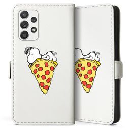 DeinDesign Galaxy A52s 5G Handy Klapph&uuml;lle Handyh&uuml;lle aus Kunst Leder wei&szlig; Flip Case Peanuts Pizza Snoopy Sideflip mit Lasche