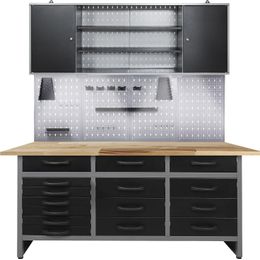 Werkstatt-Set ONDIS24 "Konny", schwarz (anthrazit, grau, schwarz), B:160cm H:205cm T:60cm, Edelstahl, Werkb&auml;nke, 160 cm, inkl. Hakenset