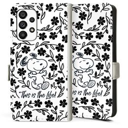 DeinDesign Galaxy A53 5G Handy Klapph&uuml;lle Handyh&uuml;lle aus Kunst Leder wei&szlig; Flip Case Flowers Peanuts Snoopy Sideflip mit Lasche