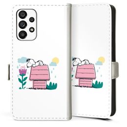 DeinDesign Galaxy A53 5G Handy Klapph&uuml;lle Handyh&uuml;lle aus Kunst Leder wei&szlig; Flip Case Official Licensed Product Snoopy Dog Sideflip mit Lasche