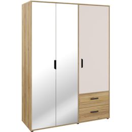 Dreht&uuml;renschrank FORTE "Schrank mit Spiegel, zeitloses Design, 3t&uuml;rig", mauvella eiche, sand, B:144,4cm H:200,1cm T:52,7cm, Holzwerkstoff, Schr&auml;nke, Dreht&uuml;renschrank, viel Stauraum, Schubladen, Spiegelt&uuml;renm H&ouml;he 200 cm