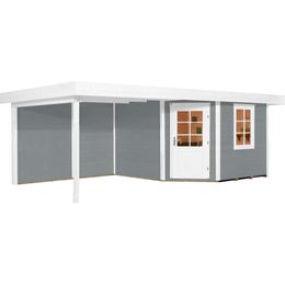 Gartenhaus Weka "Designhaus 213 Plus", grau (grau, wei&szlig;), Fu&szlig;boden im Gartenhaus, R&uuml;ckwand, ohne Dacheindeckung, Massivholz, Gartenh&auml;user, Gartenhaus, mit Anbaudach und R&uuml;ckwand