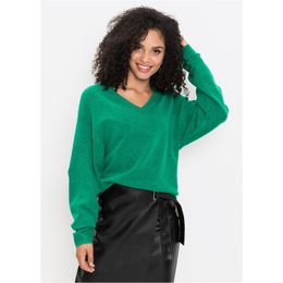 Strickpullover bonprix "Oversize-Strick-Pullover", Damen, Gr. 36/38 (S), gr&uuml;n (minzegr&uuml;n meliert), Strick, Obermaterial: 75% Polyacryl, 22% Polyester, 3% Elasthan, unifarben, oversize h&uuml;ftbedeckend, V-Ausschnitt, Strickb&uuml;ndchen, Pullover Strickpullover, aus weichem Material, mit V-Ausschnitt, Oversized-Passform