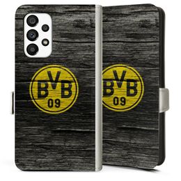 DeinDesign Galaxy A53 5G Handy Klapph&uuml;lle Handyh&uuml;lle aus Kunst Leder wei&szlig; Flip Case Wooden Look Bvb Borussia Dortmund Sideflip mit Lasche