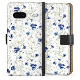 DeinDesign Google Pixel 7 Handy Klapph&uuml;lle Handyh&uuml;lle aus Kunst Leder schwarz Flip Case Flowers Muster Flower Sideflip mit langer Lasche