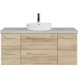 Waschtisch SAPHIR "Serie 4035 Keramik-Aufsatzbecken mit Unterschrank, 118 cm breit", braun (riviera eiche quer nachbildung, riviera eiche quer nachbildung), B:118cm H:61,2cm T:44,5cm, Holzwerkstoff, Waschtische, Waschtisch, Waschplatz, 4 Schubladen, 1 T&uuml;r, inkl. T&uuml;rd&auml;mpfer, Griff Chrom Glanz