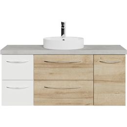 Waschtisch SAPHIR "Serie 4035 Keramik-Aufsatzbecken mit Unterschrank, 118 cm breit", braun (riviera eiche quer nachbildung, riviera eiche quer nachbildung, wei&szlig; glanz), B:118cm H:61,2cm T:44,5cm, Holzwerkstoff, Waschtische, Waschtisch, Waschplatz, 4 Schubladen, 1 T&uuml;r, inkl. T&uuml;rd&auml;mpfer, Griff Chrom Glanz