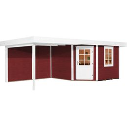 Gartenhaus Weka "Designhaus 213 Plus", rot (rot, wei&szlig;), Fu&szlig;boden im Gartenhaus, R&uuml;ckwand, ohne Dacheindeckung, Massivholz, Gartenh&auml;user, Gartenhaus, mit Anbaudach und R&uuml;ckwand