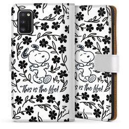 DeinDesign Galaxy A41 Handy Klapph&uuml;lle Handyh&uuml;lle aus Kunst Leder wei&szlig; Flip Case Peanuts Flowers Snoopy Sideflip mit Lasche