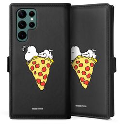 DeinDesign Galaxy S22 Ultra Handy Klapph&uuml;lle Handyh&uuml;lle aus Kunst Leder schwarz Flip Case Peanuts Pizza Snoopy Sideflip mit langer Lasche