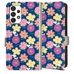 DeinDesign Galaxy A53 5G Handy Klapph&uuml;lle Handyh&uuml;lle aus Kunst Leder wei&szlig; Flip Case Flowers Muster Snoopy Sideflip mit Lasche