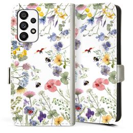 DeinDesign Galaxy A53 5G Handy Klapph&uuml;lle Handyh&uuml;lle aus Kunst Leder wei&szlig; Flip Case Muster Flowers Bee Sideflip mit Lasche