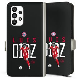 DeinDesign Galaxy A53 5G Handy Klapph&uuml;lle Handyh&uuml;lle aus Kunst Leder wei&szlig; Flip Case Official Licensed Product Luis Diaz Fc Bayern M&uuml;nchen Sideflip mit Lasche