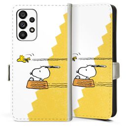 DeinDesign Galaxy A53 5G Handy Klapph&uuml;lle Handyh&uuml;lle aus Kunst Leder wei&szlig; Flip Case Snoopy Peanuts Children Sideflip mit Lasche