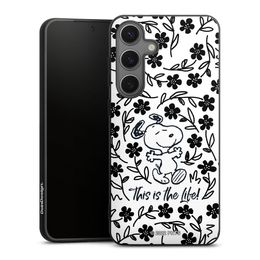 DeinDesign Galaxy S25+ Handy Premium Silikon H&uuml;lle Handyh&uuml;lle schwarz Case Peanuts Flowers Snoopy Silikon Premium Case